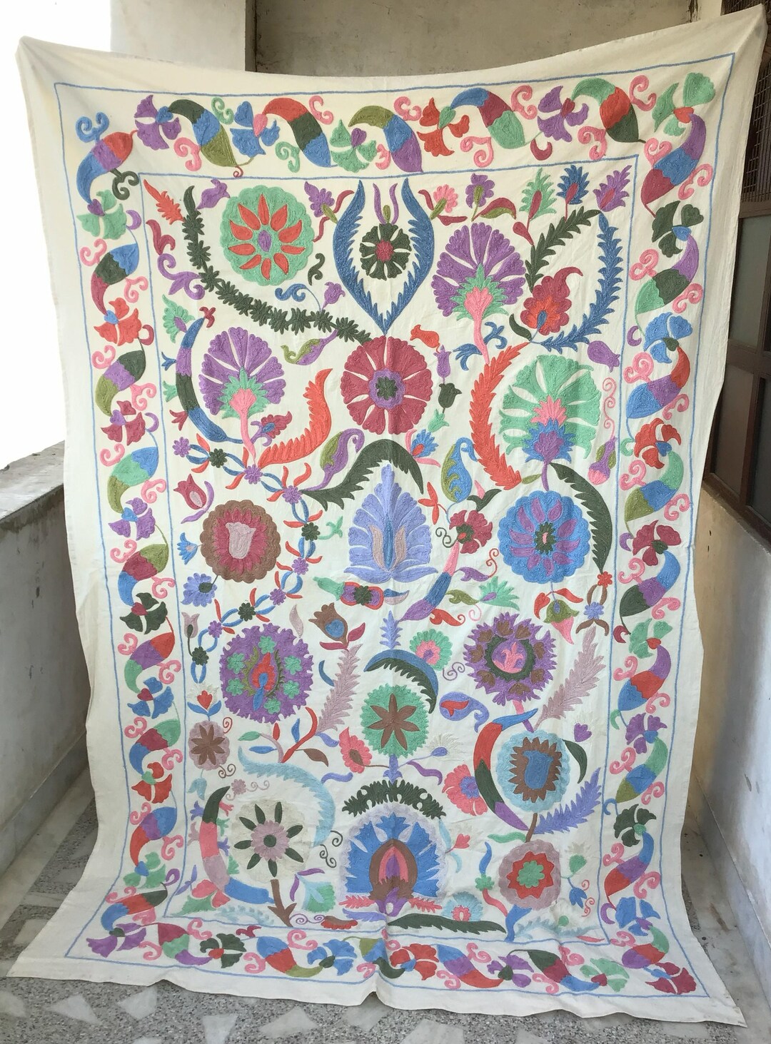 Traditional Suzani Bed Cover | Artisan Embroidered Quilt | Boho Bedroom ...