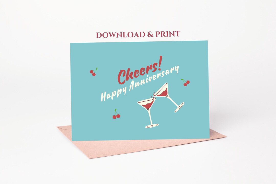 Cheers Anniversary Card Digital Download Custom Printable Wine Glass ...