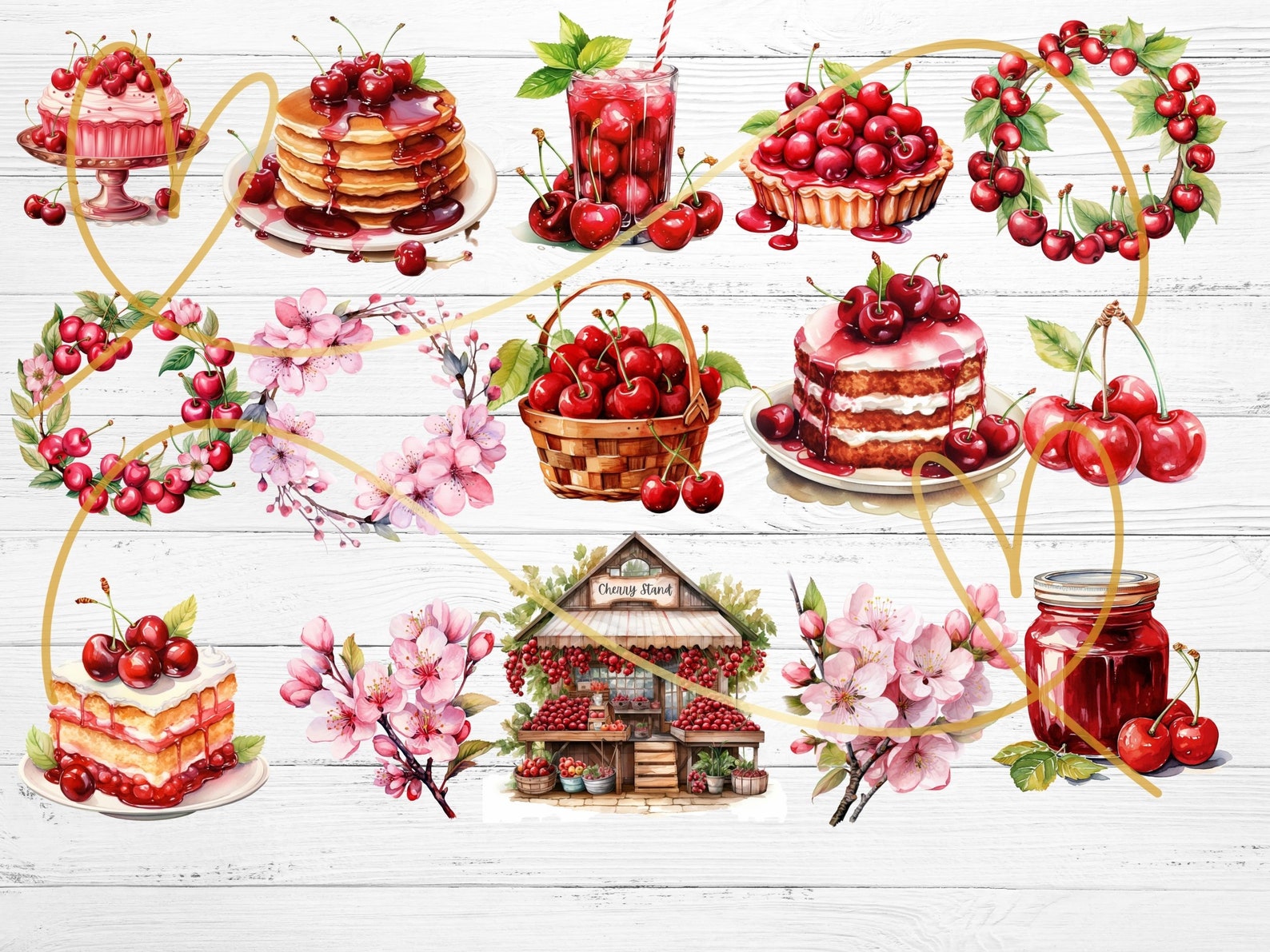 Watercolor Cherries PNG Clipart Bundle, Set of 26 Plus Bonus Seamless ...