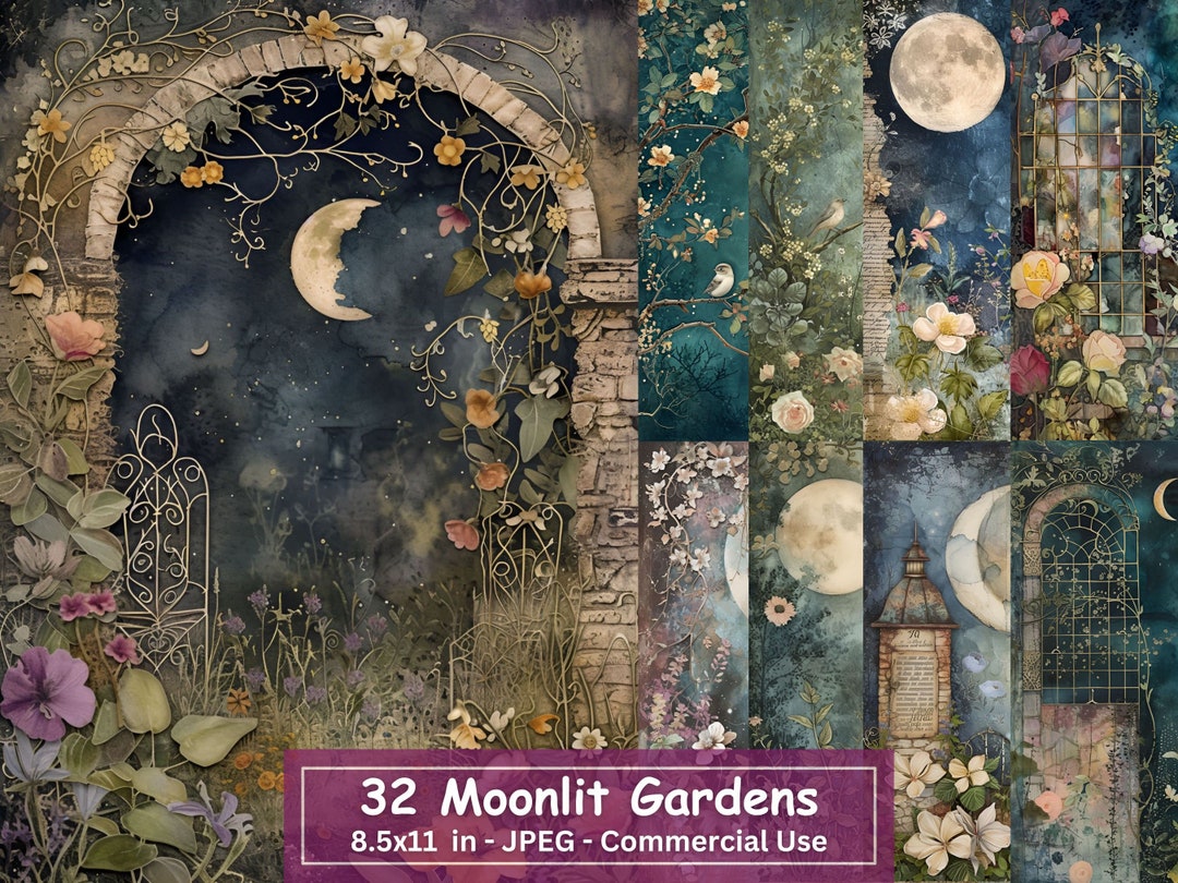 Moonlit Garden Junk Journal Paper Bundle, 32 JPG Set, Floral Fantasy ...