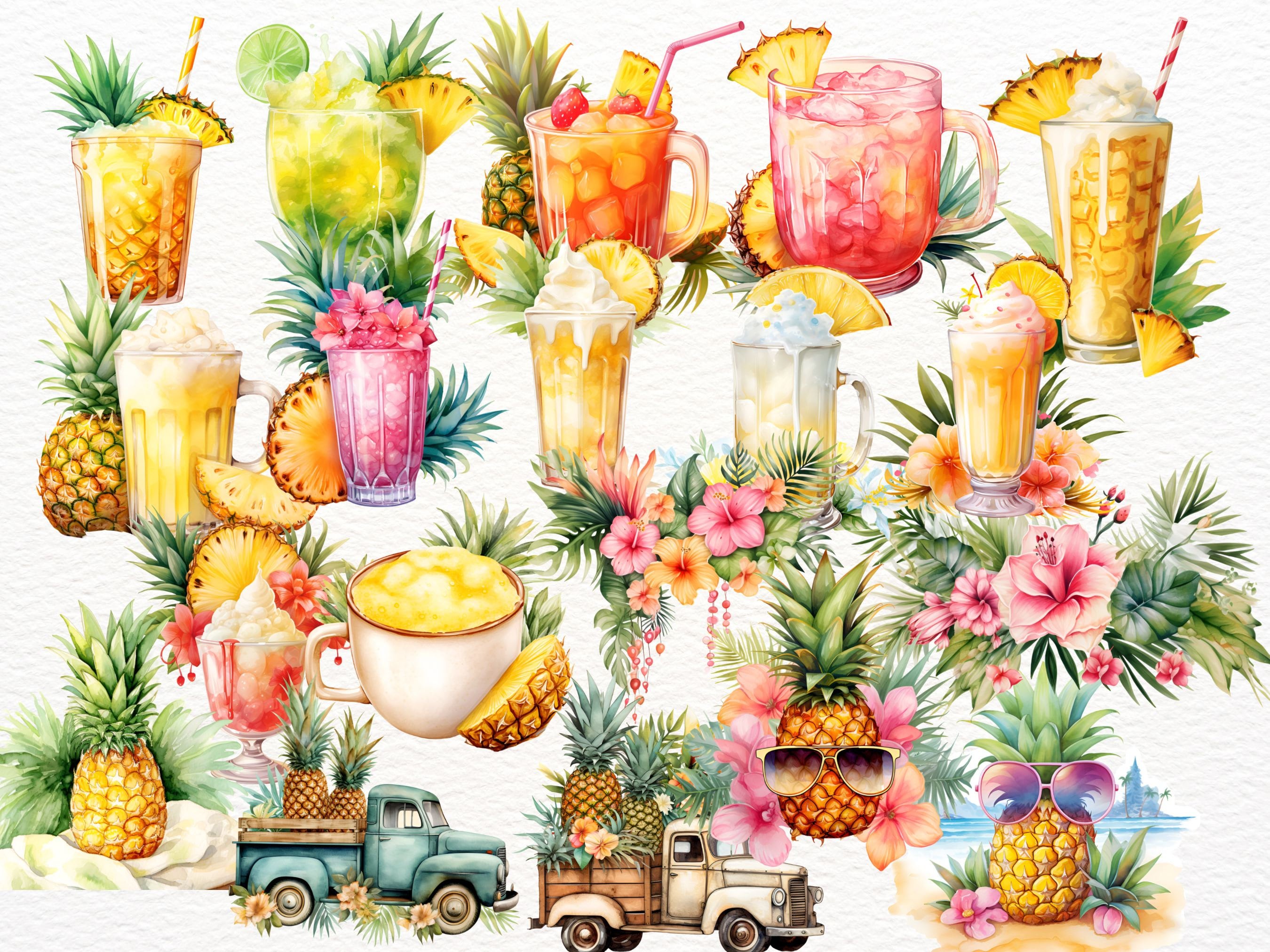 Watercolor Pineapple Clipart: Tropical Beach PNG Bundle (80 Images ...