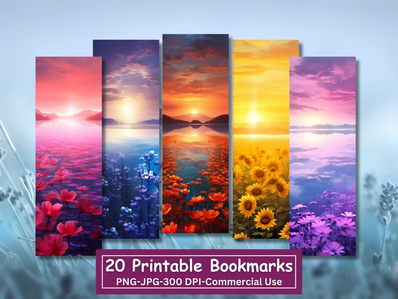 Floral Sunsets Printable Bookmarks Bundle, Set of 20, JPG Bookmark ...