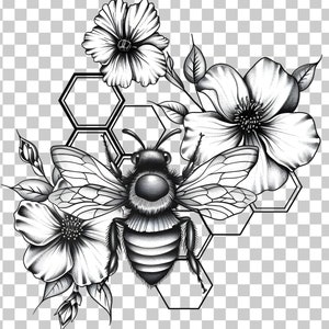 Bee Line Art Clipart, 42 PNG Set, Black and White Bees With Honeycomb ...