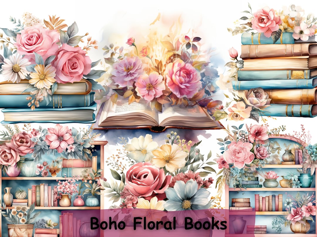 Watercolor Boho Floral Books Clipart, Book Clip Art, Book Bundle PNG ...