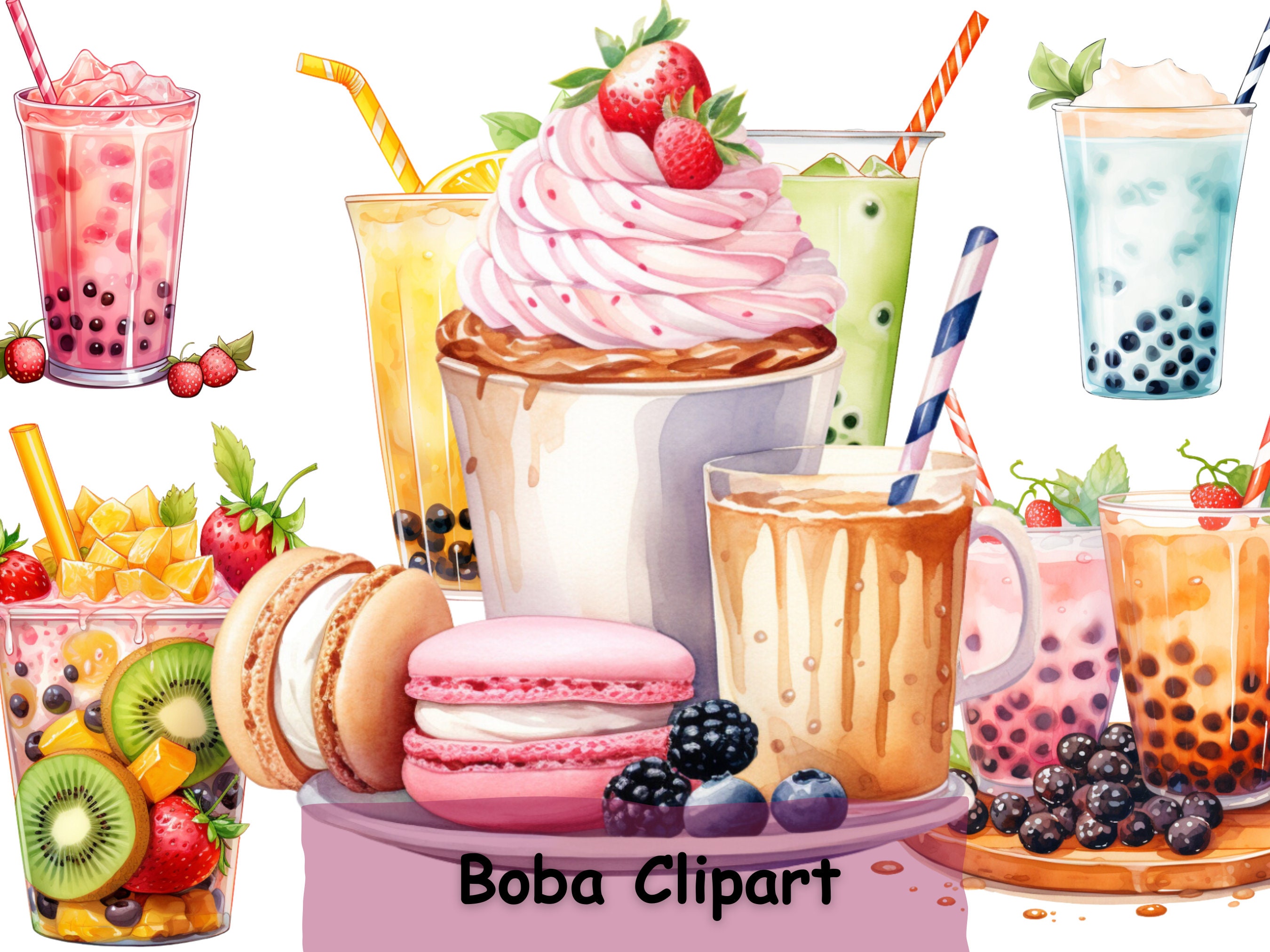 Watercolor Boba Tea Clipart Set, 17 Bubble Tea Pngs, Watercolor Asian ...