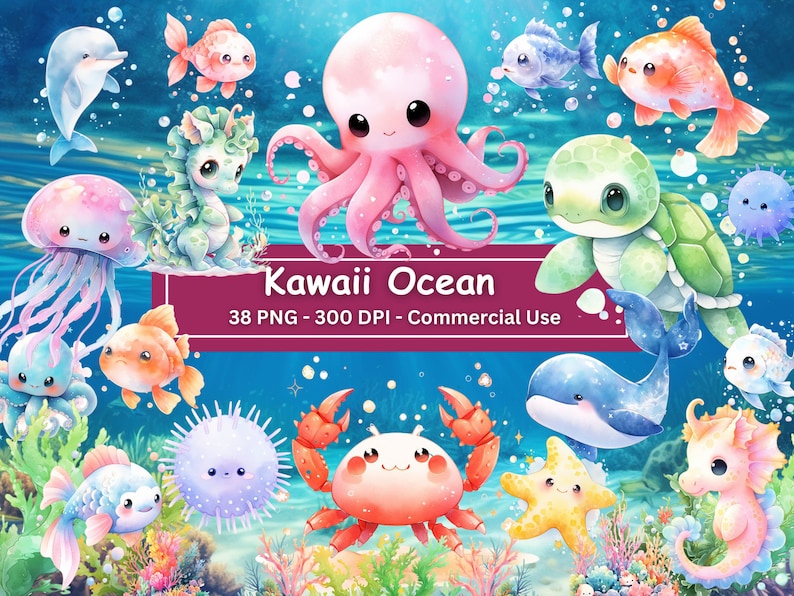Watercolor Kawaii Ocean Clipart, Set of 38 Pngs, Under the Sea, Coral ...