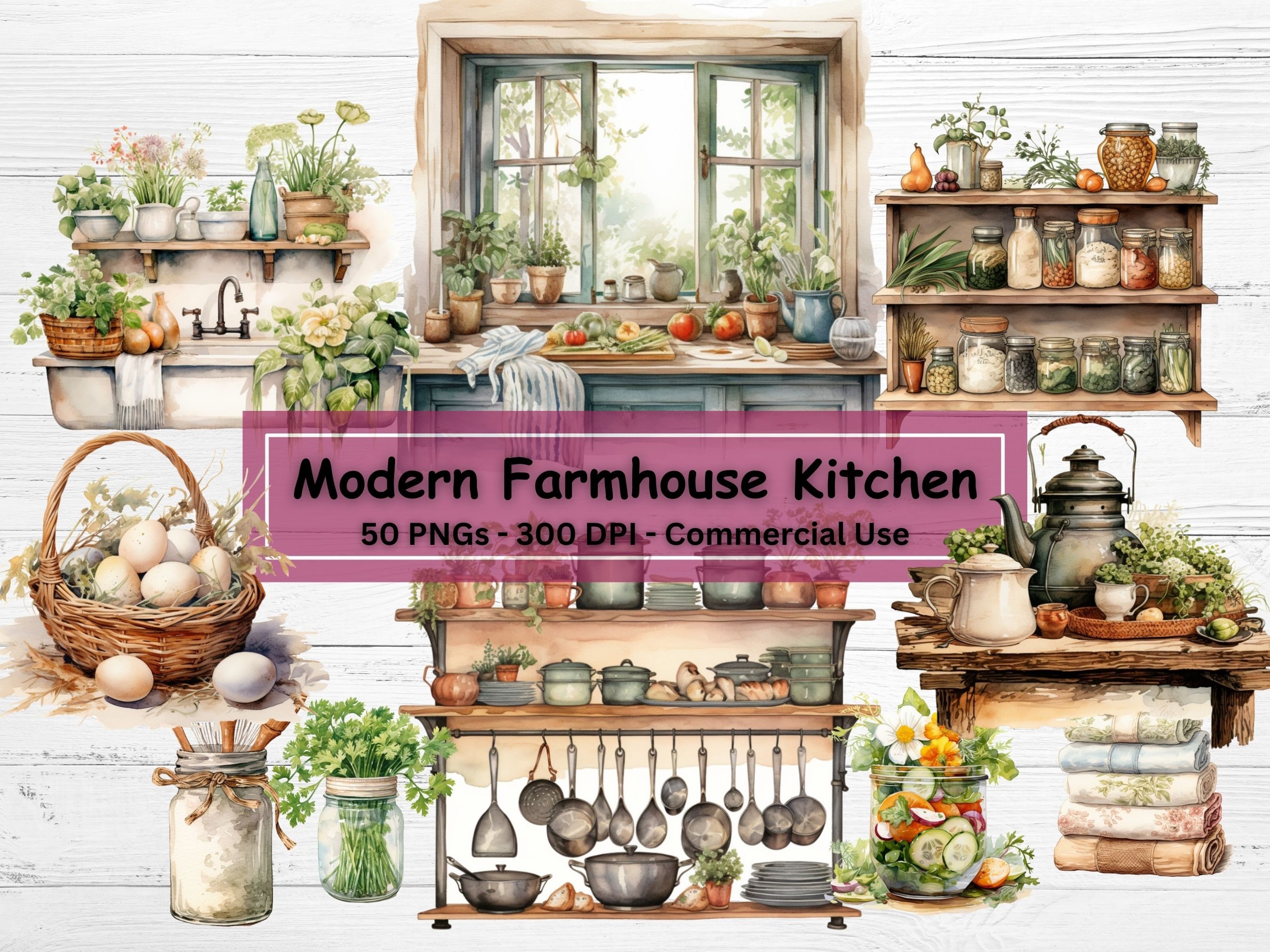 Modern Country Farmhouse Kitchen Clipart Bundle, PNG Set of 50 ...