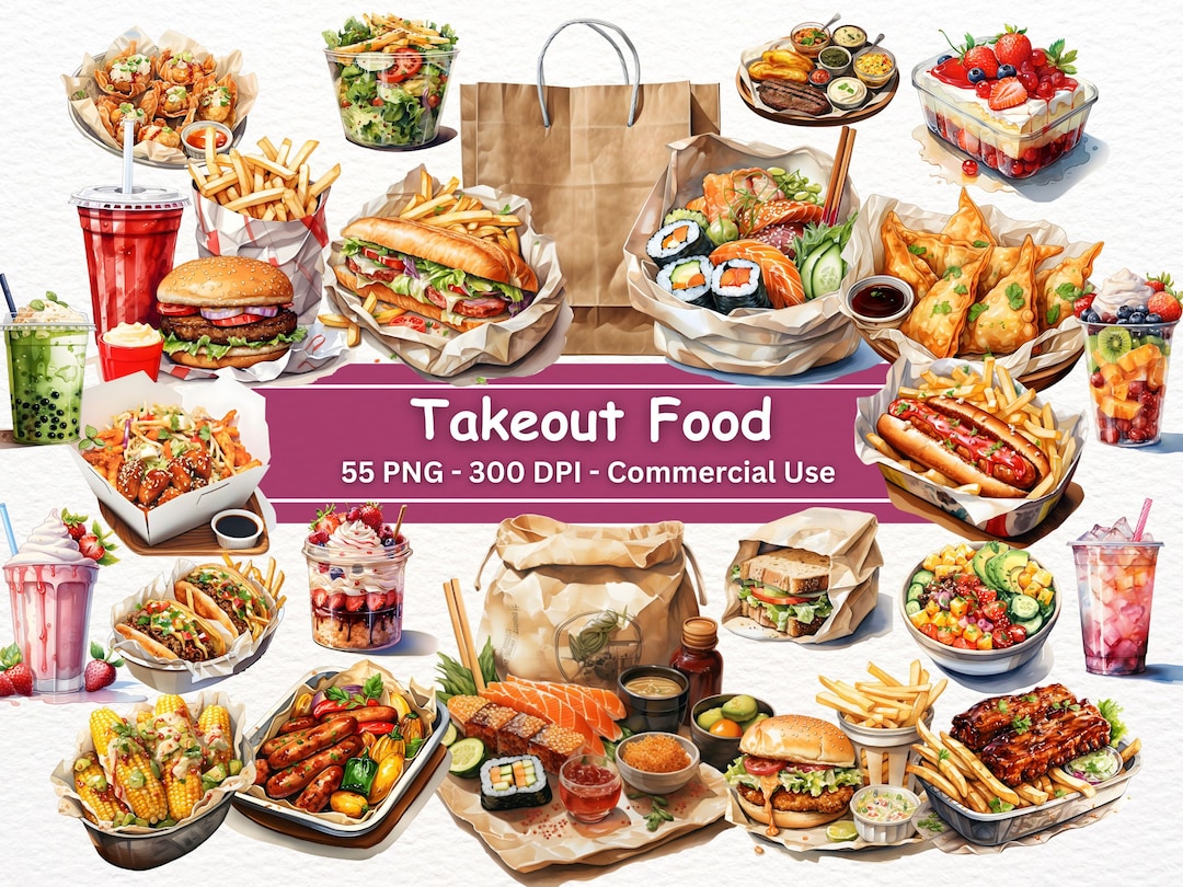Watercolor Takeout Food Clipart Set, 55 Pngs, Carryout Burger, Fries ...