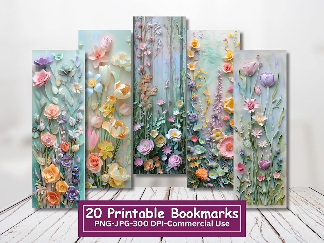 Pastel Floral Bookmarks: 3D Flower Designs, Set of 20 (PNG/JPG Digital ...