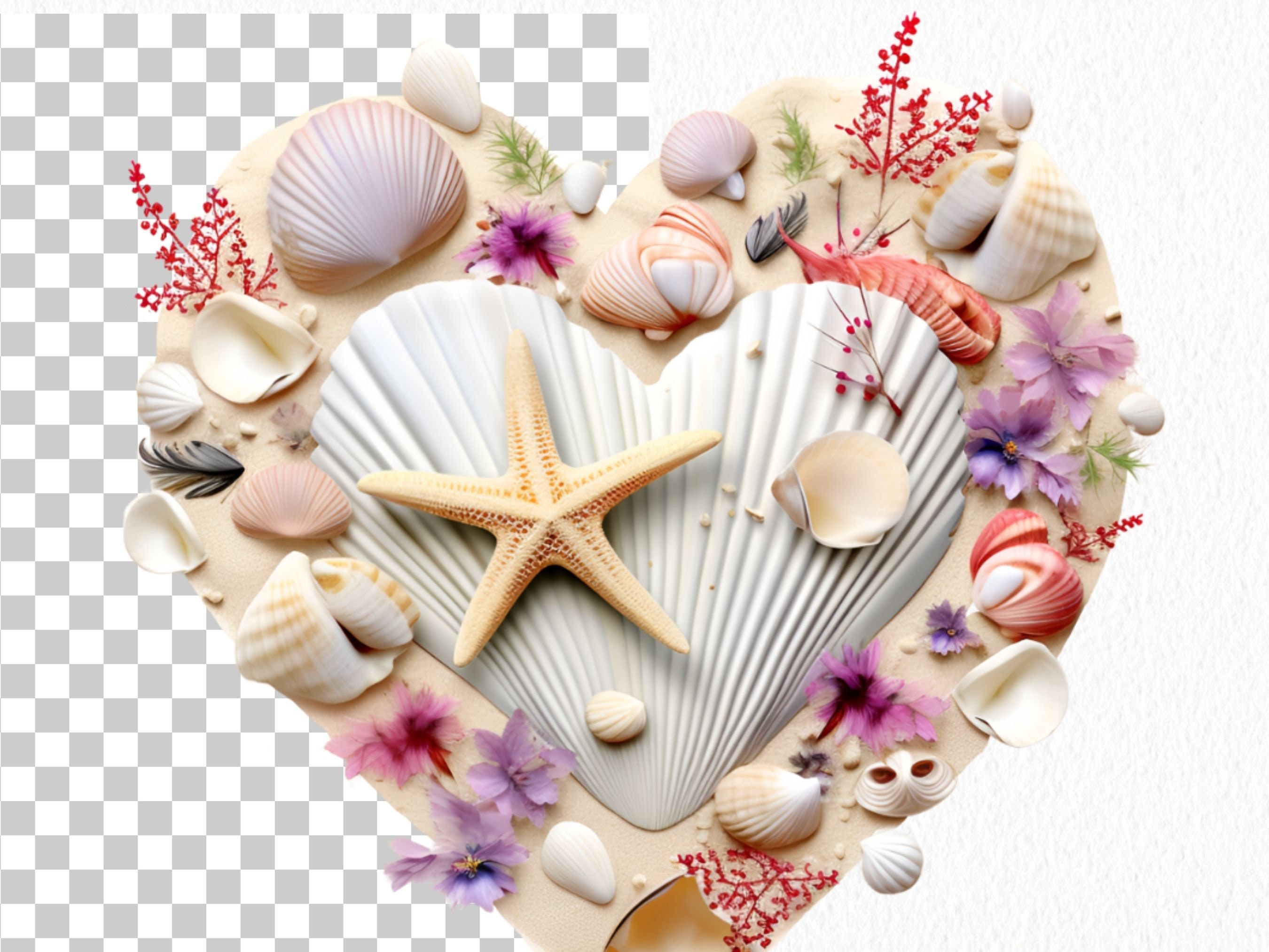 Seashell Hearts Clipart Bundle, Set of 25 Pngs, Watercolor Sea Waves ...