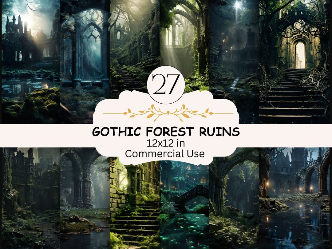 Printable Gothic Forest Ruins Digital Paper, Fantasy Forest Background ...