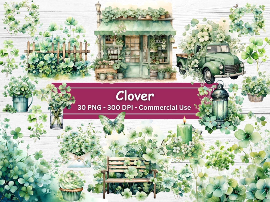 Watercolor Clover Clipart Bundle, 30 PNG Set, Spring Greenery Clip Art ...
