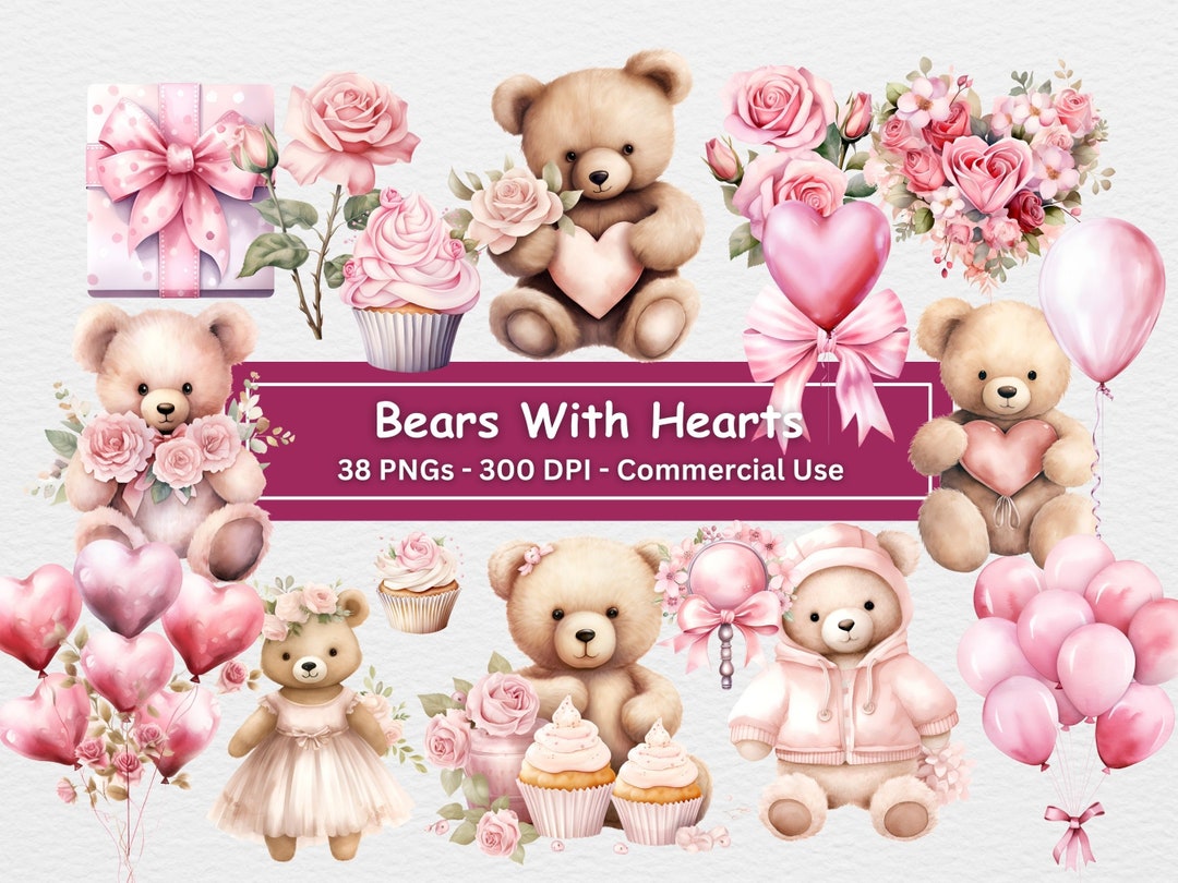 Watercolor Teddy Bear With Hearts and Pink Roses Clipart Bundle, 38 PNG ...