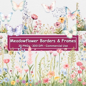 Watercolor Pastel Wildflowers Clipart Borders and Frames Bundle, Set of ...
