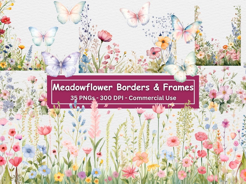 Watercolor Wildflower Clipart: Pastel Borders & Frames (35 Pngs ...