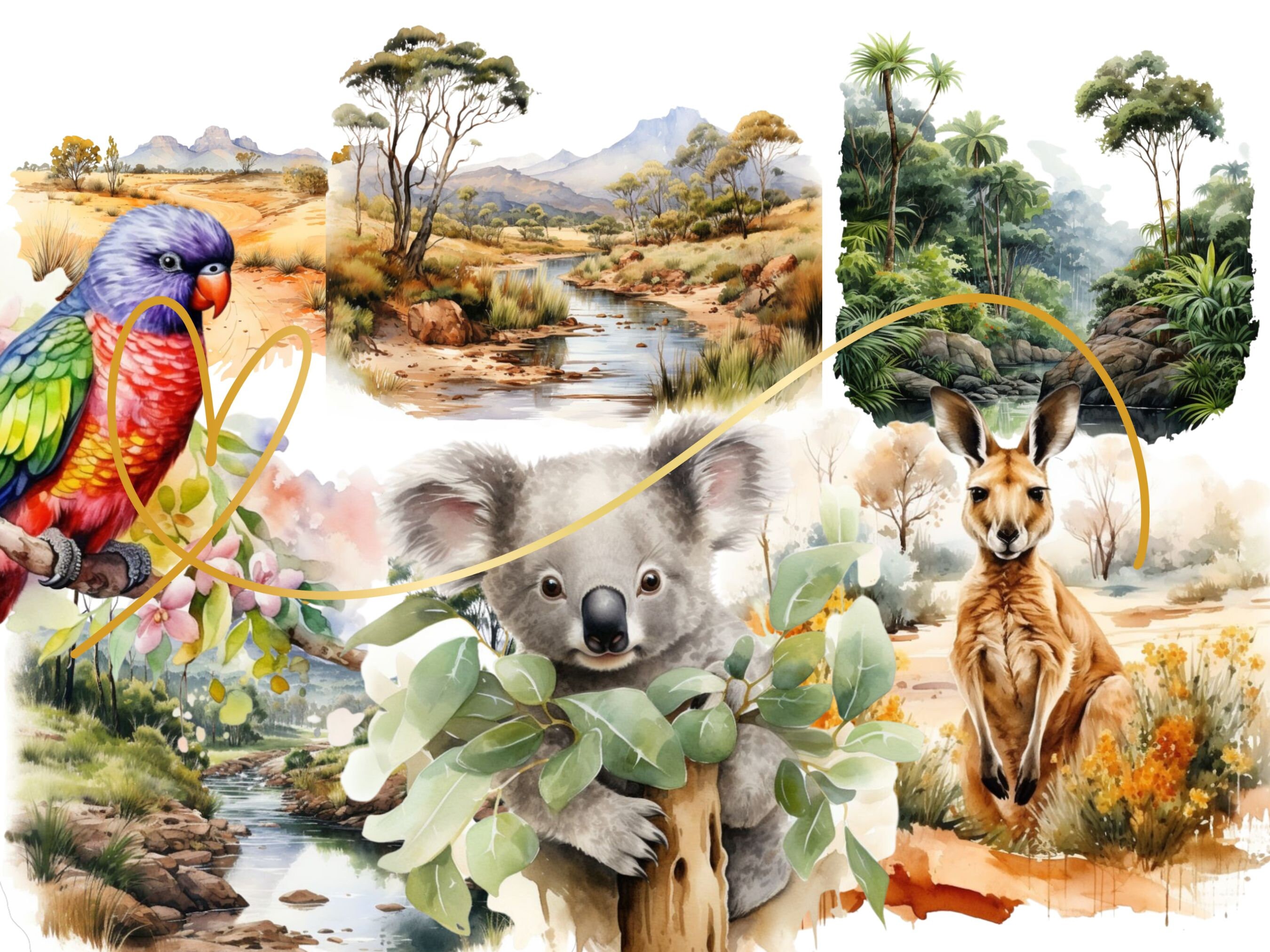 Australian Nature Clipart PNG Bundle, Watercolor Landscape Background ...