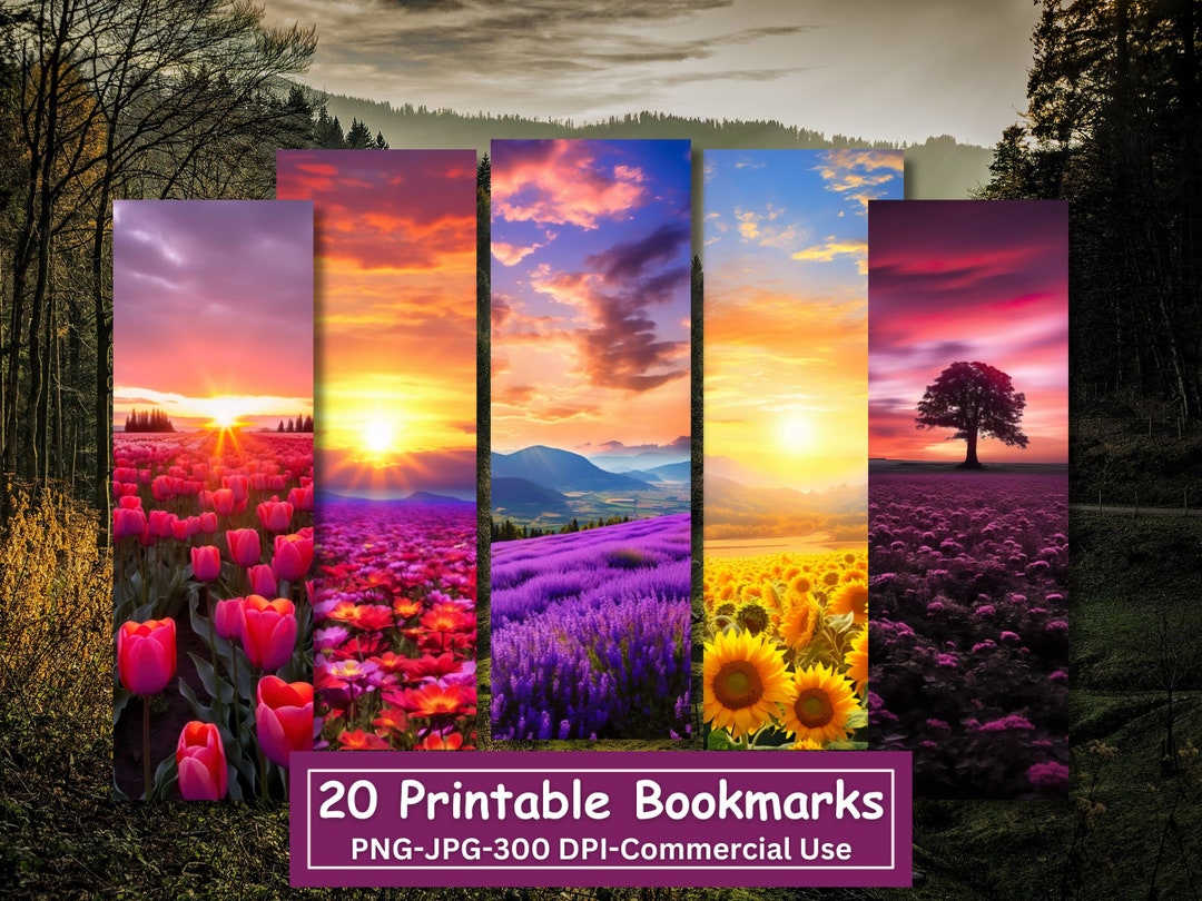 Flower Field Landscapes Printable Bookmarks Bundle, 20 Designs, JPG ...
