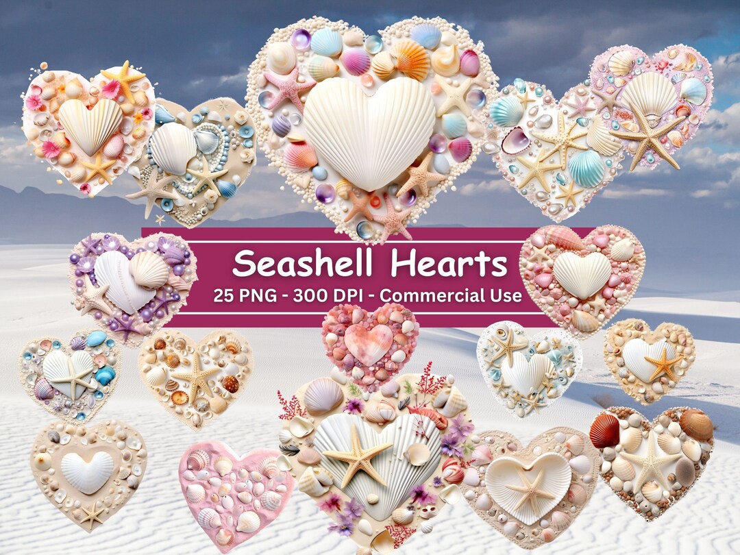 Seashell Hearts Clipart Bundle, Set of 25 Pngs, Watercolor Sea Waves ...