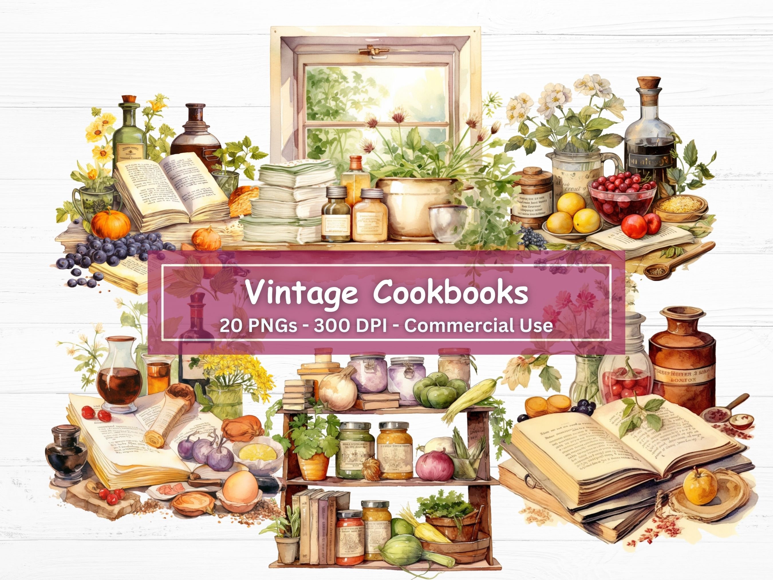Vintage Cookbook Clipart Bundle, PNG Set of 20, Transparent Background ...