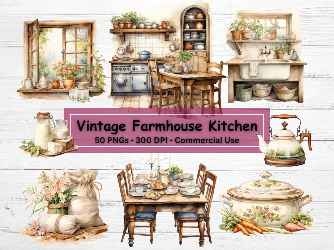 Vintage Country Farmhouse Kitchen Clipart Bundle, PNG Set of 50 ...