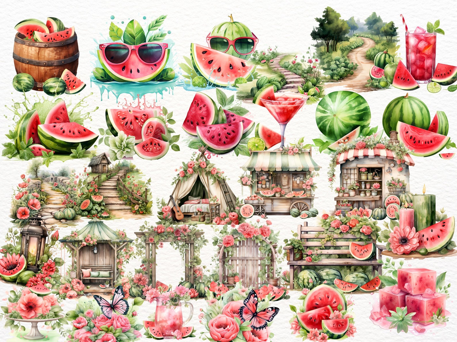 Watercolor Watermelon Clipart: Summer Fruit PNG Bundle (digital ...