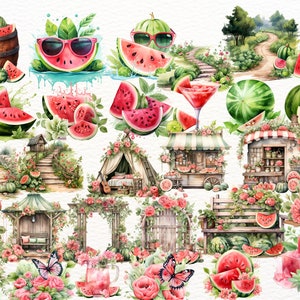 Watercolor Watermelon Clipart Bundle, PNG Set of 65, Watermelons Clip ...