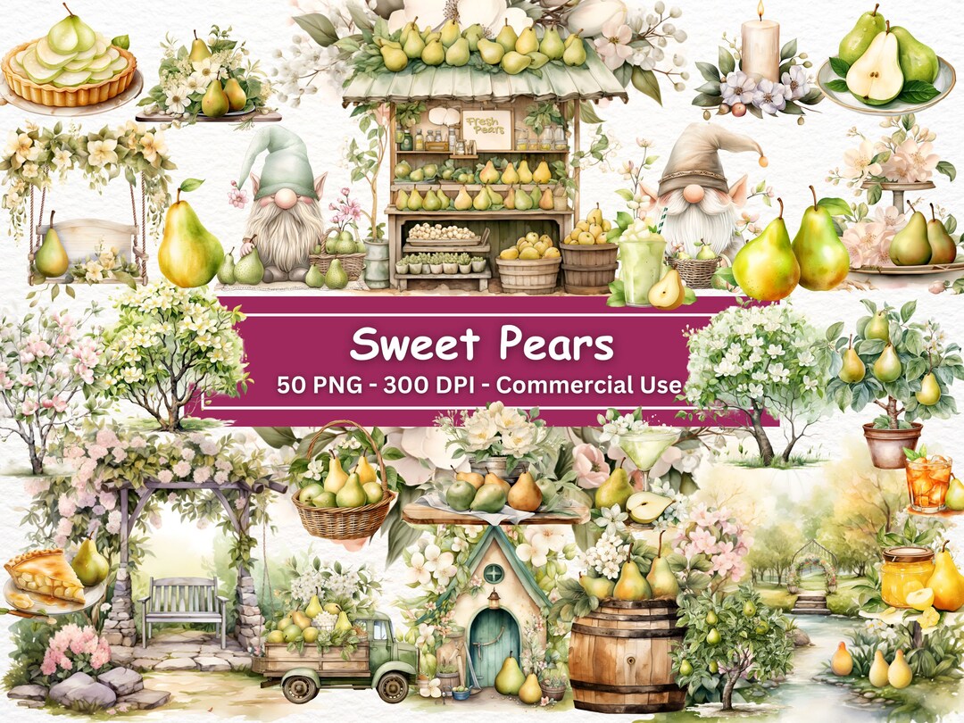 Watercolor Pear Clipart Bundle: Rustic Fruit & Garden PNG Set (50 ...