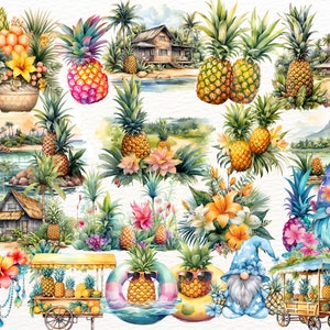 Watercolor Pineapple Clipart: Tropical Beach PNG Bundle (80 Images ...