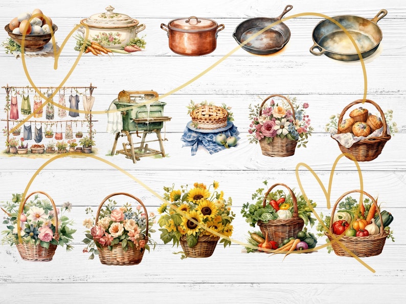 Vintage Country Farmhouse Kitchen Clipart Bundle, PNG Set of 50 ...