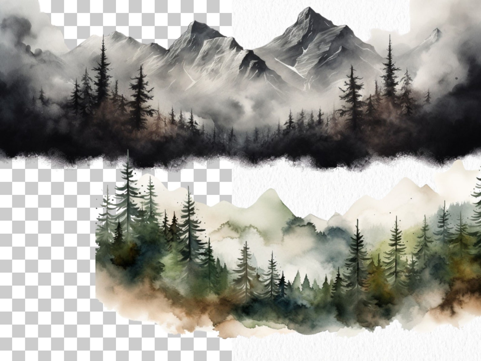 Watercolor Mountain Clipart Borders and Backgrounds Bundle, Set of 50 ...