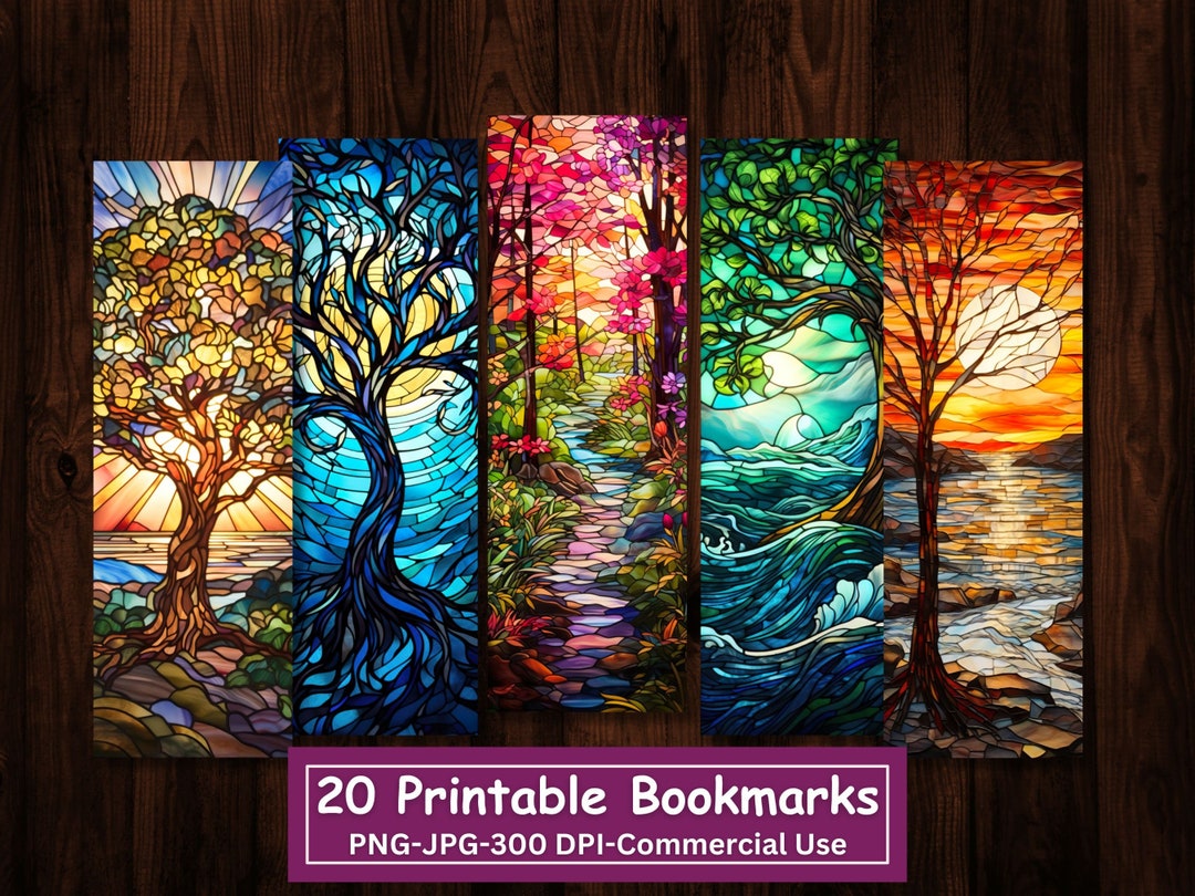 Stained Glass Trees Printable Bookmarks: 20 PNG/JPG Designs (commercial ...