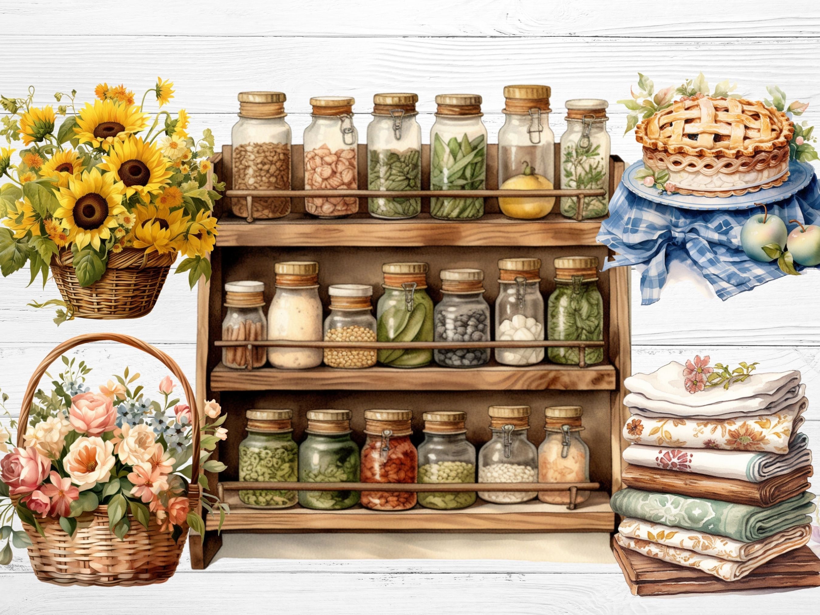 Vintage Country Farmhouse Kitchen Clipart Bundle, PNG Set of 50 ...
