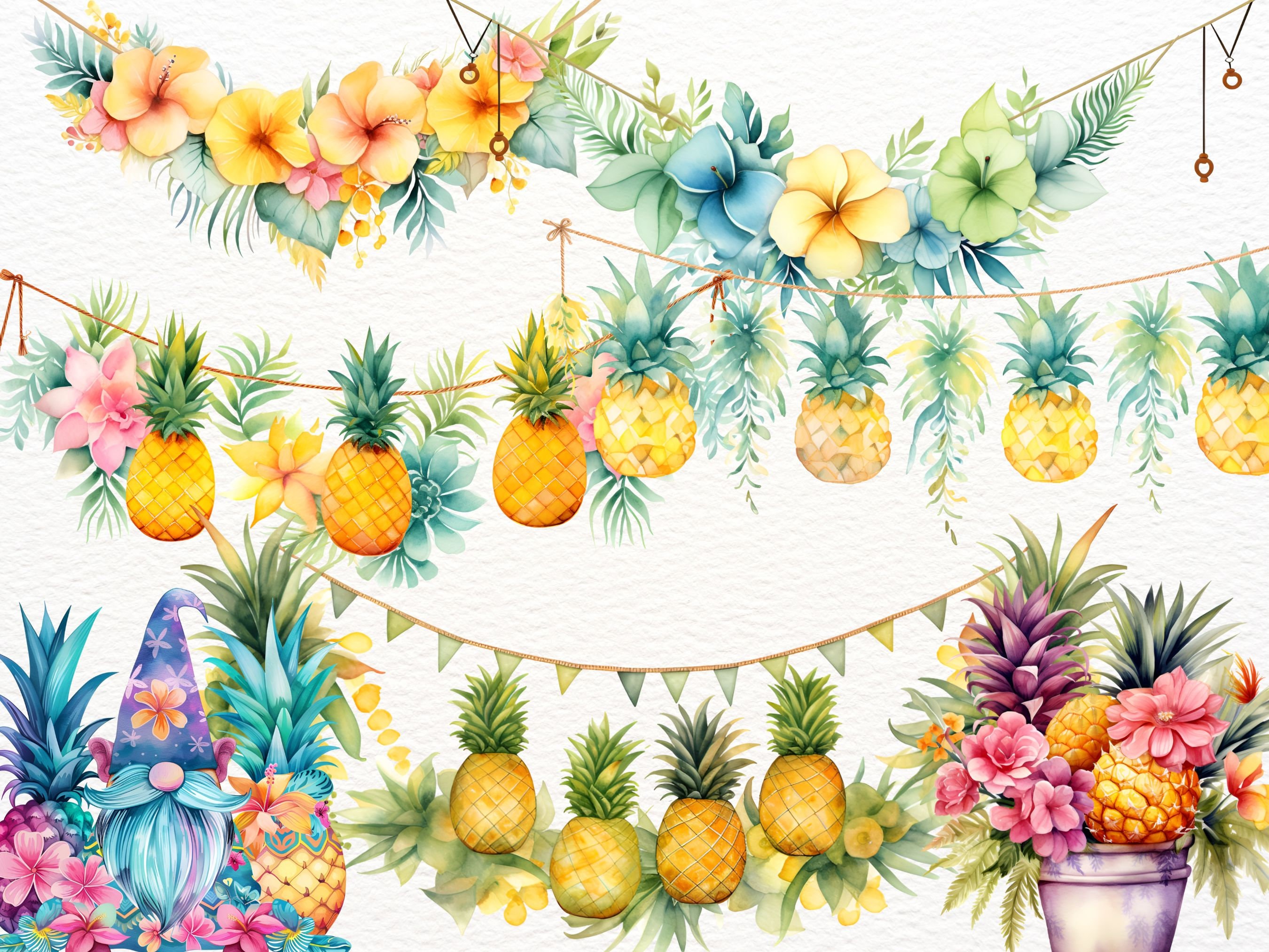 Watercolor Pineapple Clipart: Tropical Beach PNG Bundle (80 Images ...