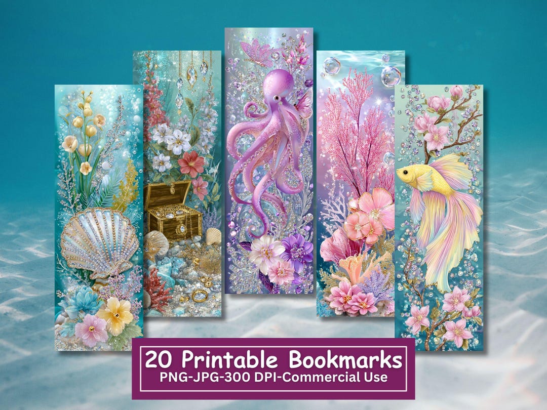Bejeweled Sea Printable Bookmark Bundle, Underwater Ocean PNG Bookmark ...
