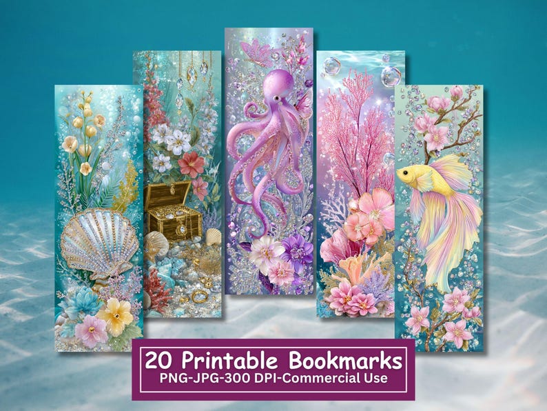 Bejeweled Sea Printable Bookmark Bundle, Underwater Ocean PNG Bookmark ...