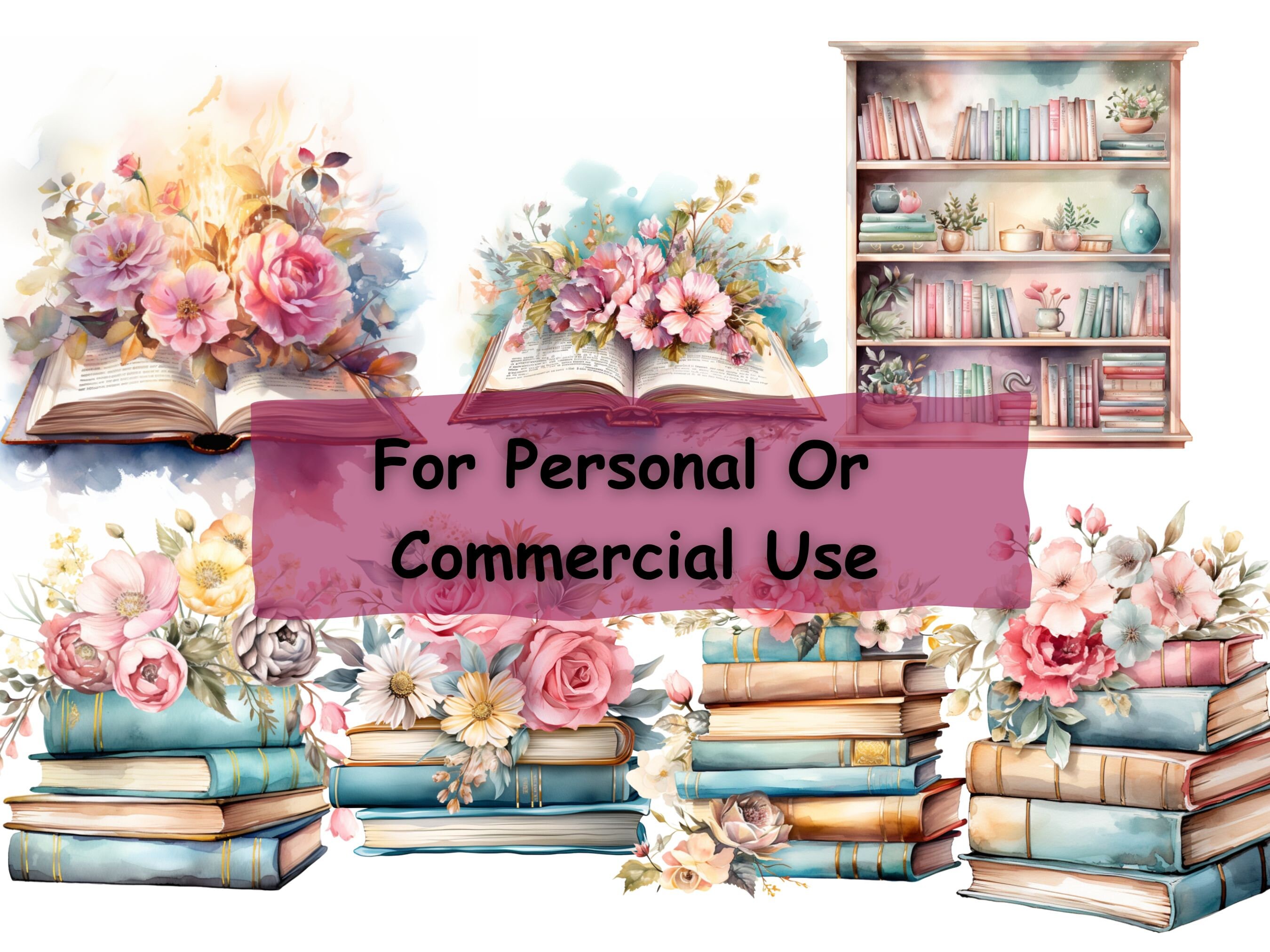 Watercolor Boho Floral Books Clipart, Book Clip Art, Book Bundle PNG ...