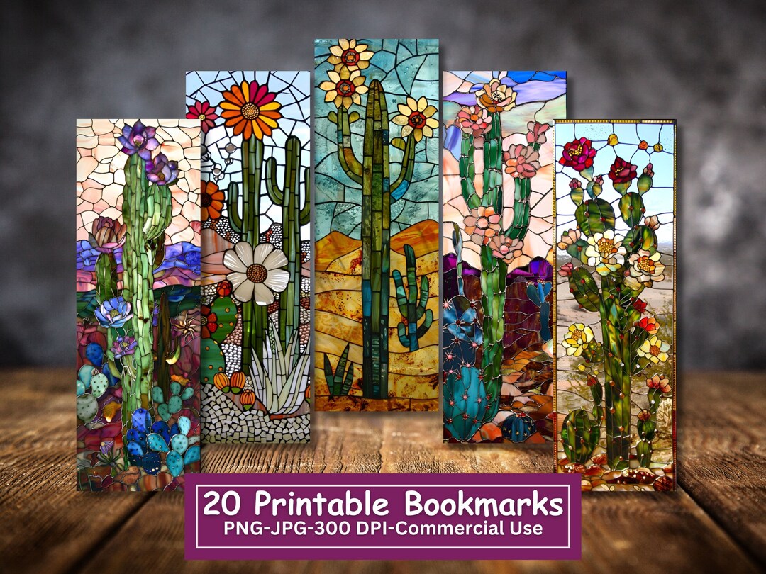 Stained Glass Flowering Cacti Printable Bookmarks Bundle, Set of 20 PNG ...
