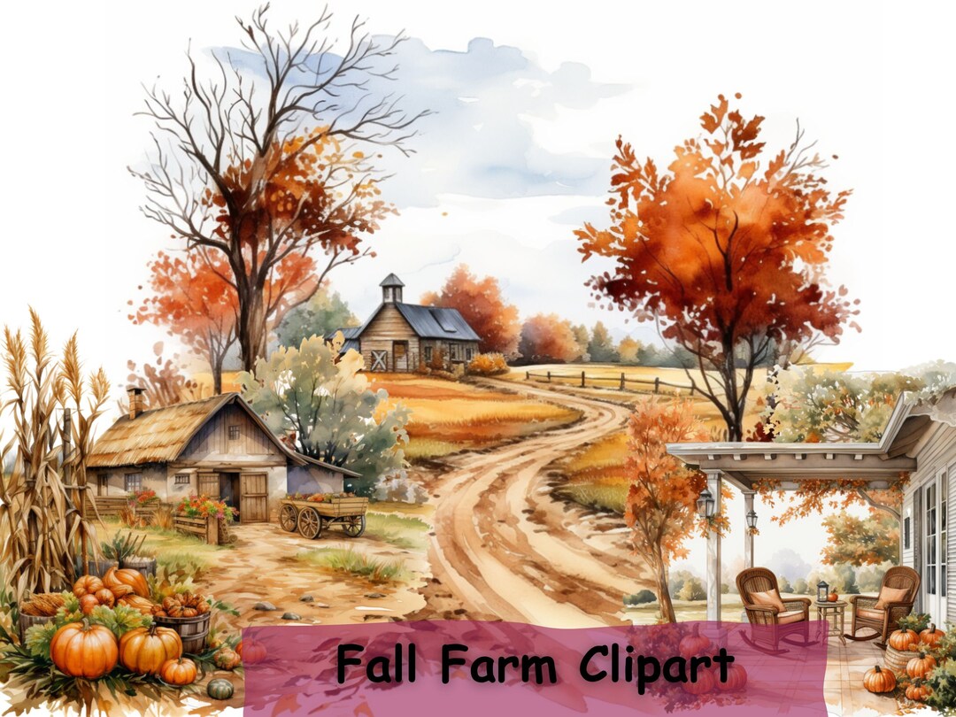 Fall Country Clipart Set, Farm Landscape PNG Bundle, Watercolor Corn ...