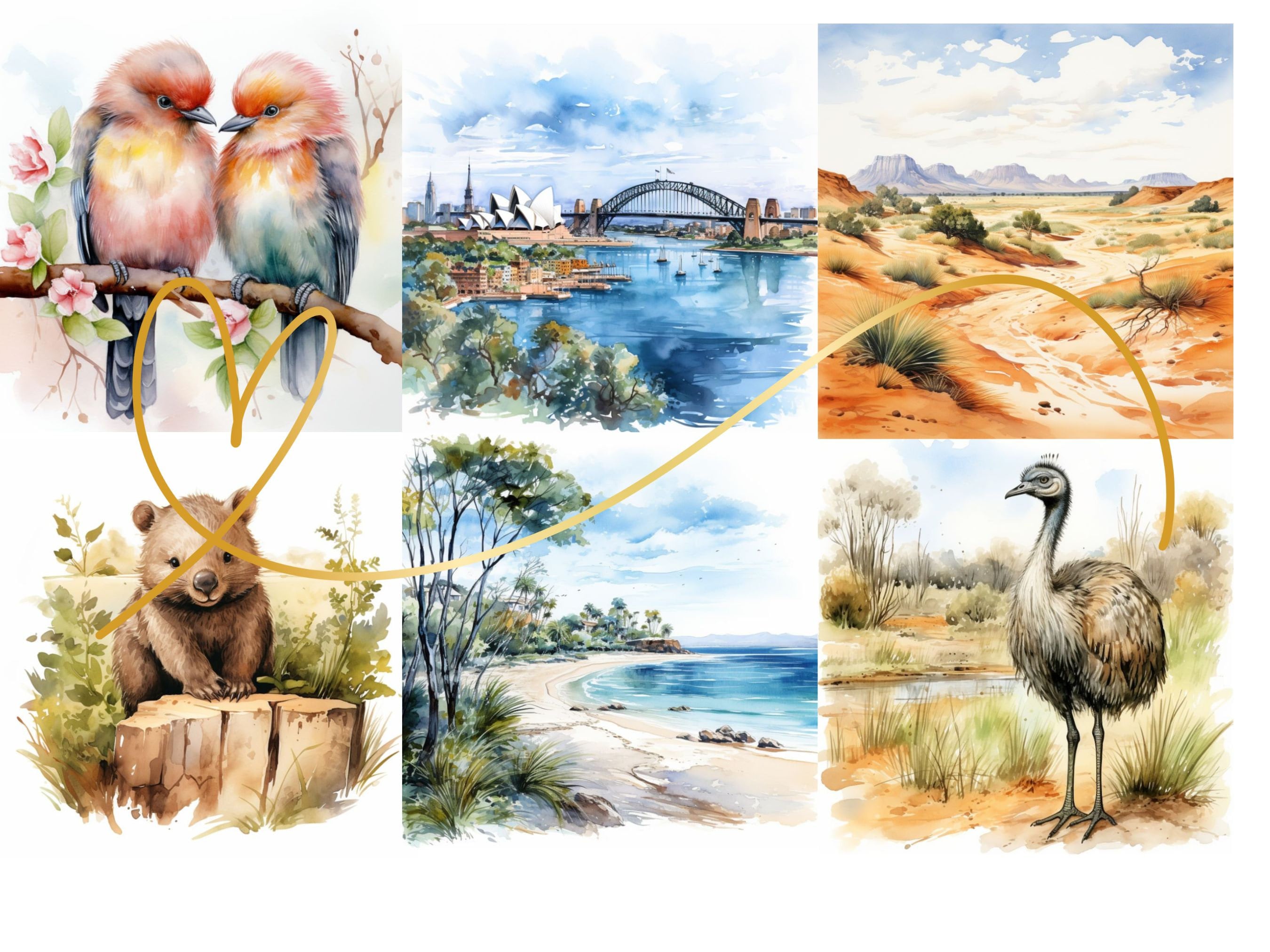 Australian Nature Clipart PNG Bundle, Watercolor Landscape Background ...
