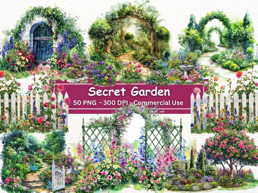 Watercolor Secret Garden Clipart Bundle, 50 Pngs, Commercial Use ...