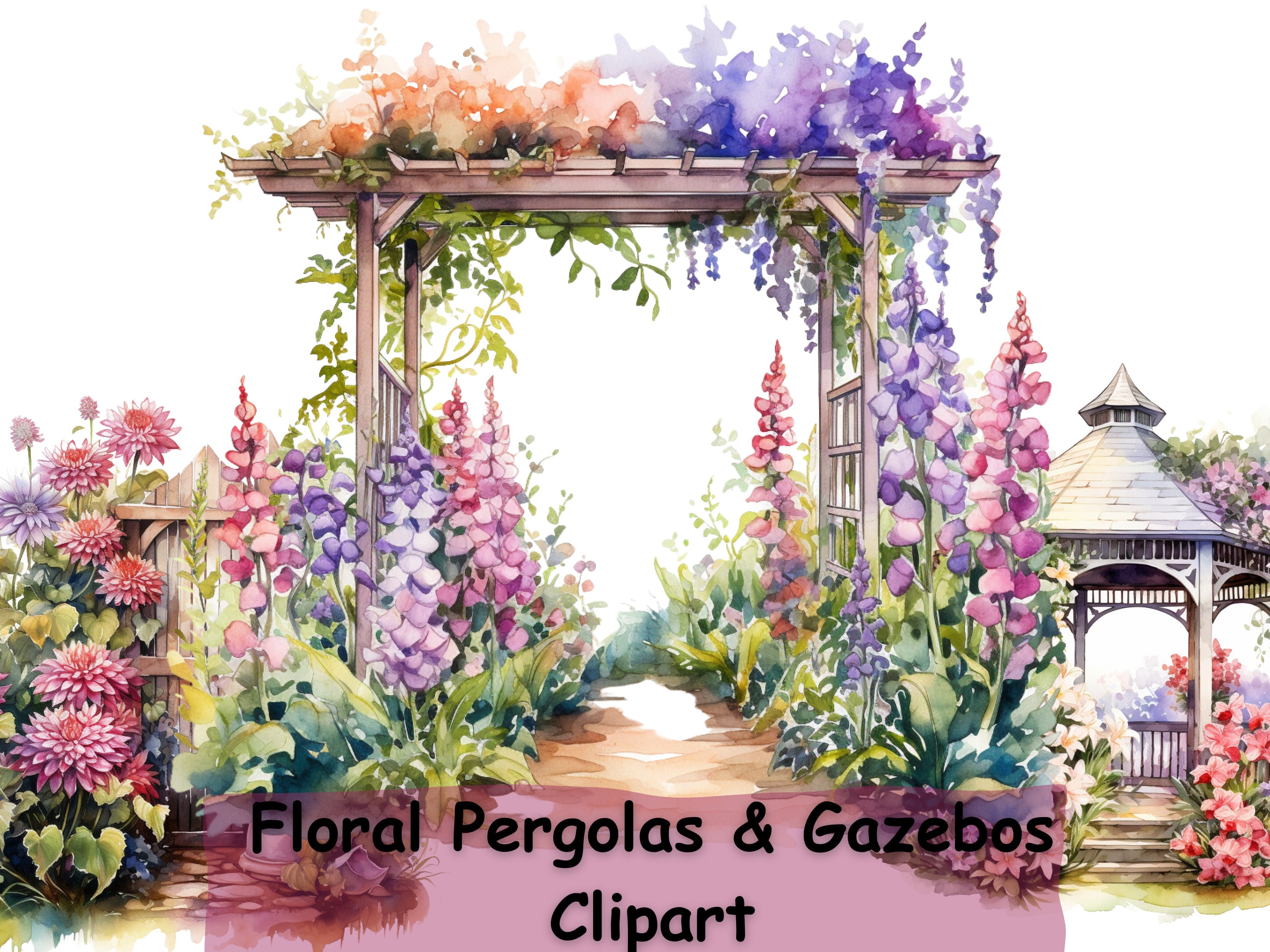 Watercolor Floral Pergolas and Gazebos Clipart, 12 Pngs Plus Bonus ...