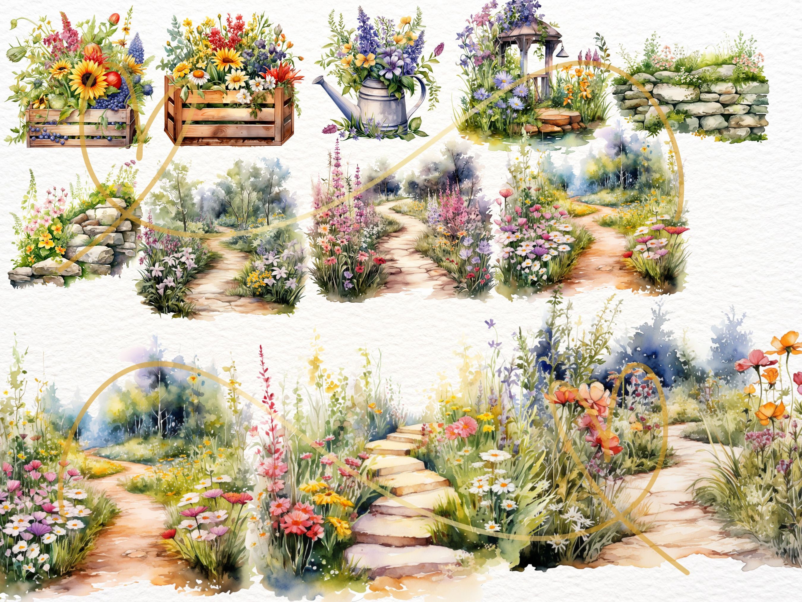 Watercolor Garden Path Clipart: Floral PNG Bundle (digital Download) - Etsy