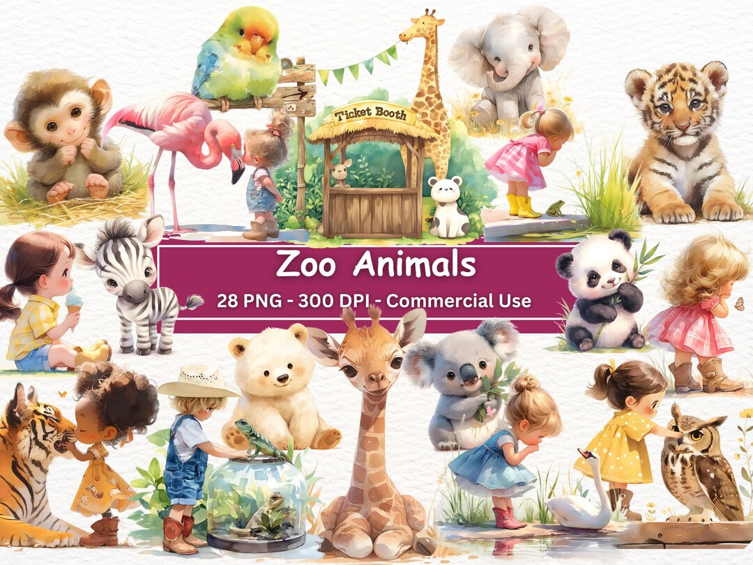 Zoo Animals Watercolor Clip Art Bundle, 28 PNG Set, Children's Nursery ...