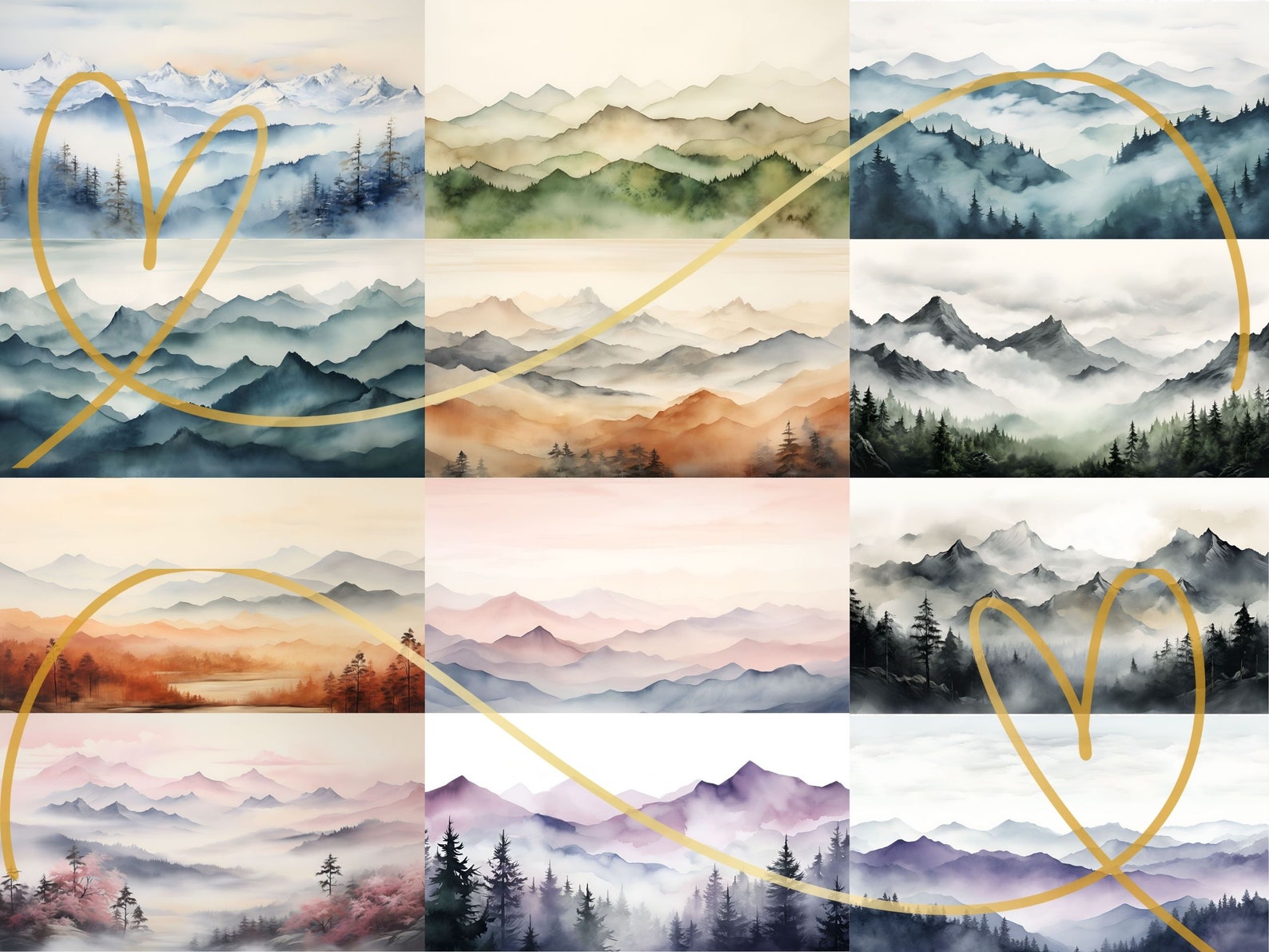 Watercolor Mountain Clipart Borders and Backgrounds Bundle, Set of 50 ...