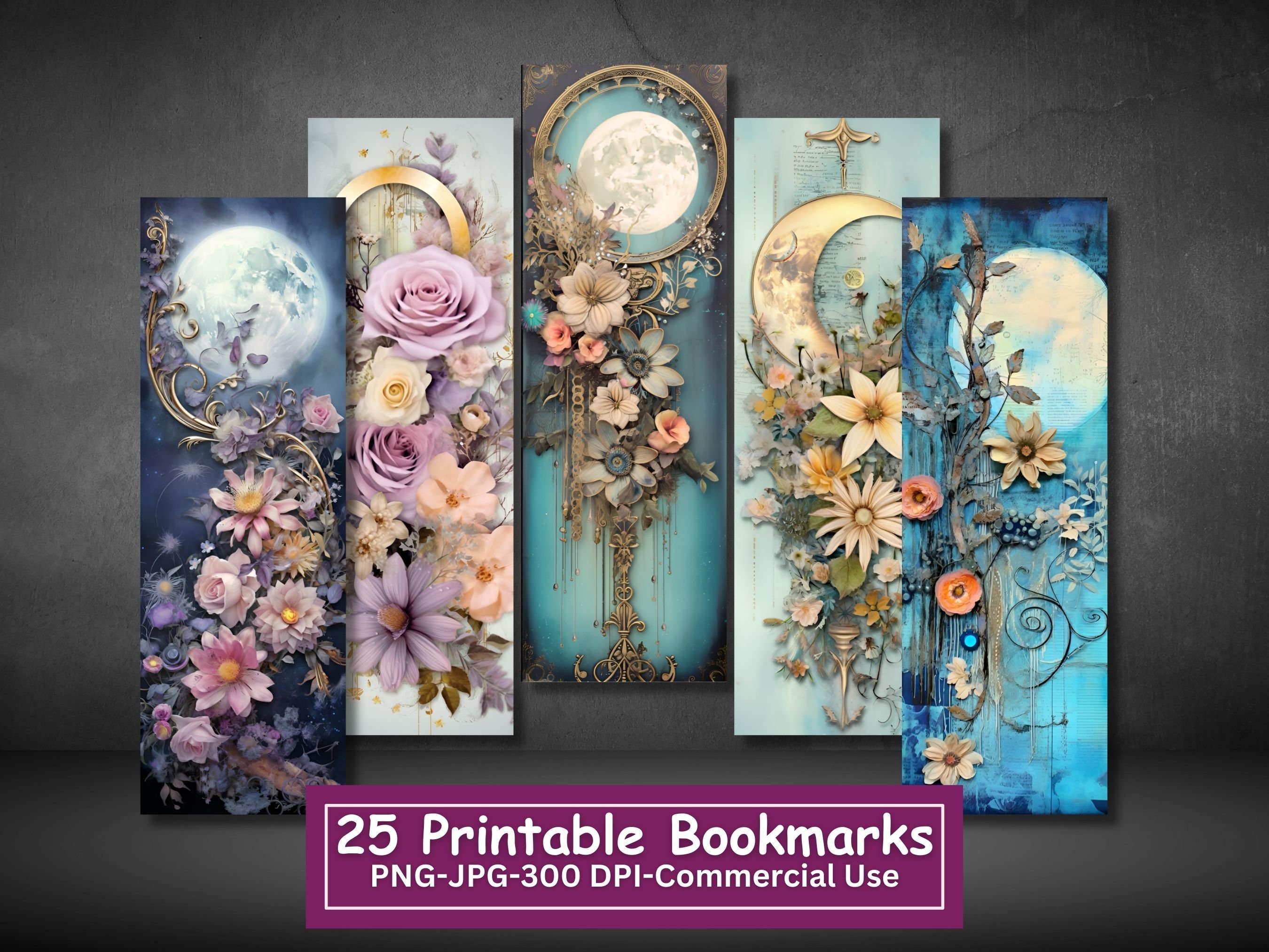 Celestial Floral Printable Bookmarks Bundle, Set of 25 PNG/JPG, Fantasy ...