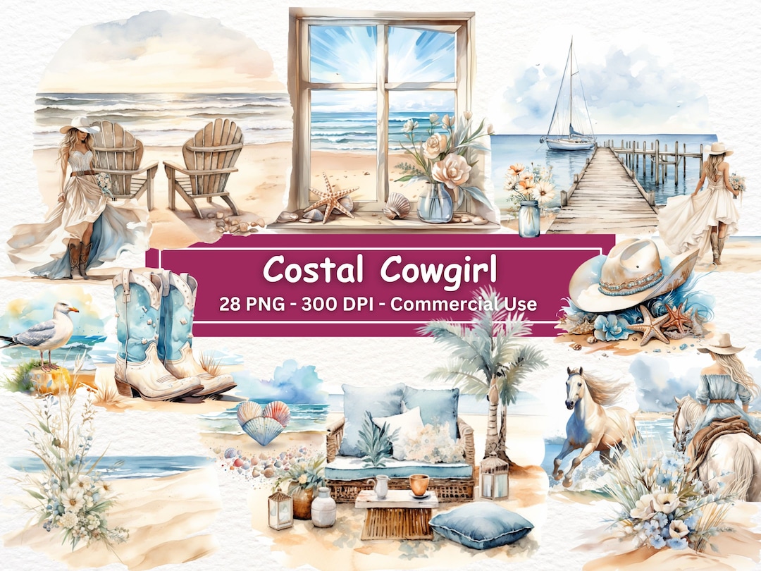 Costal Cowgirl Clipart Bundle, 28 PNG Set,card Making, Clip Art, Horse ...