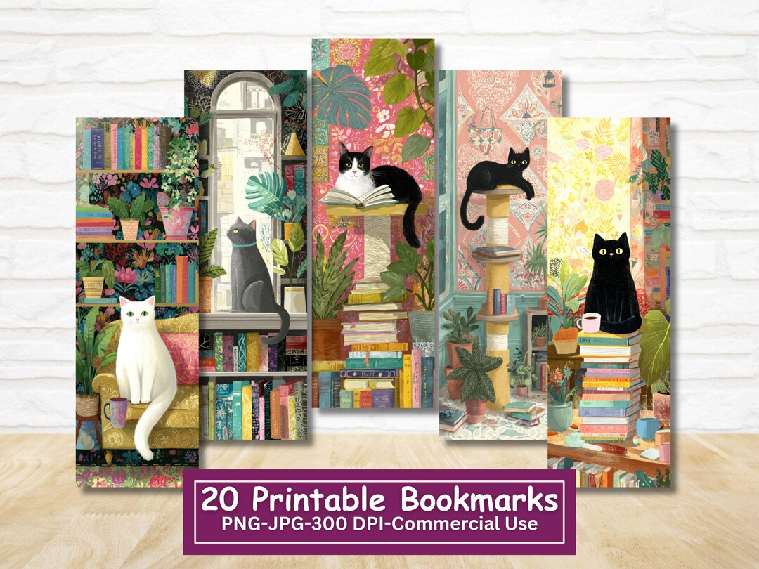 Reading Cats Printable Bookmark Bundle, Bookmark Sublimation ...