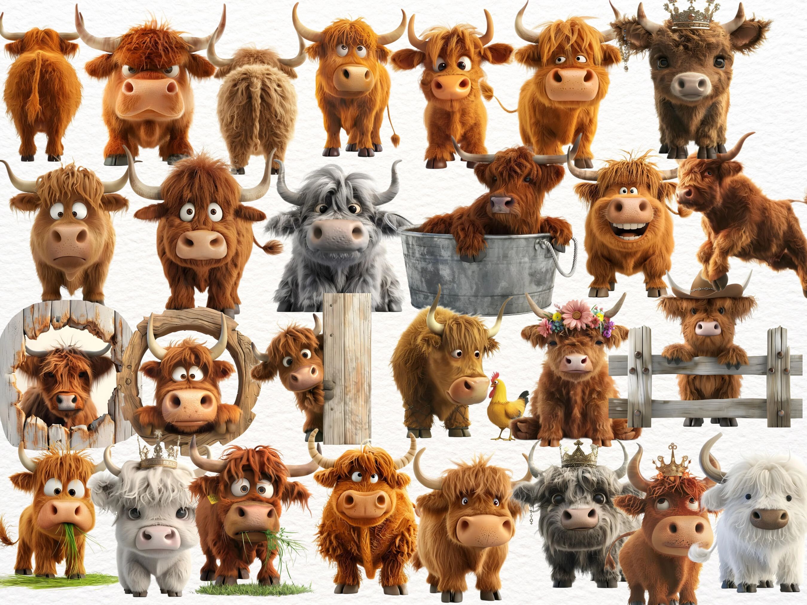 Fuzzy Highland Cow Clipart Bundle: 32 Funny Cartoon Pngs (digital ...
