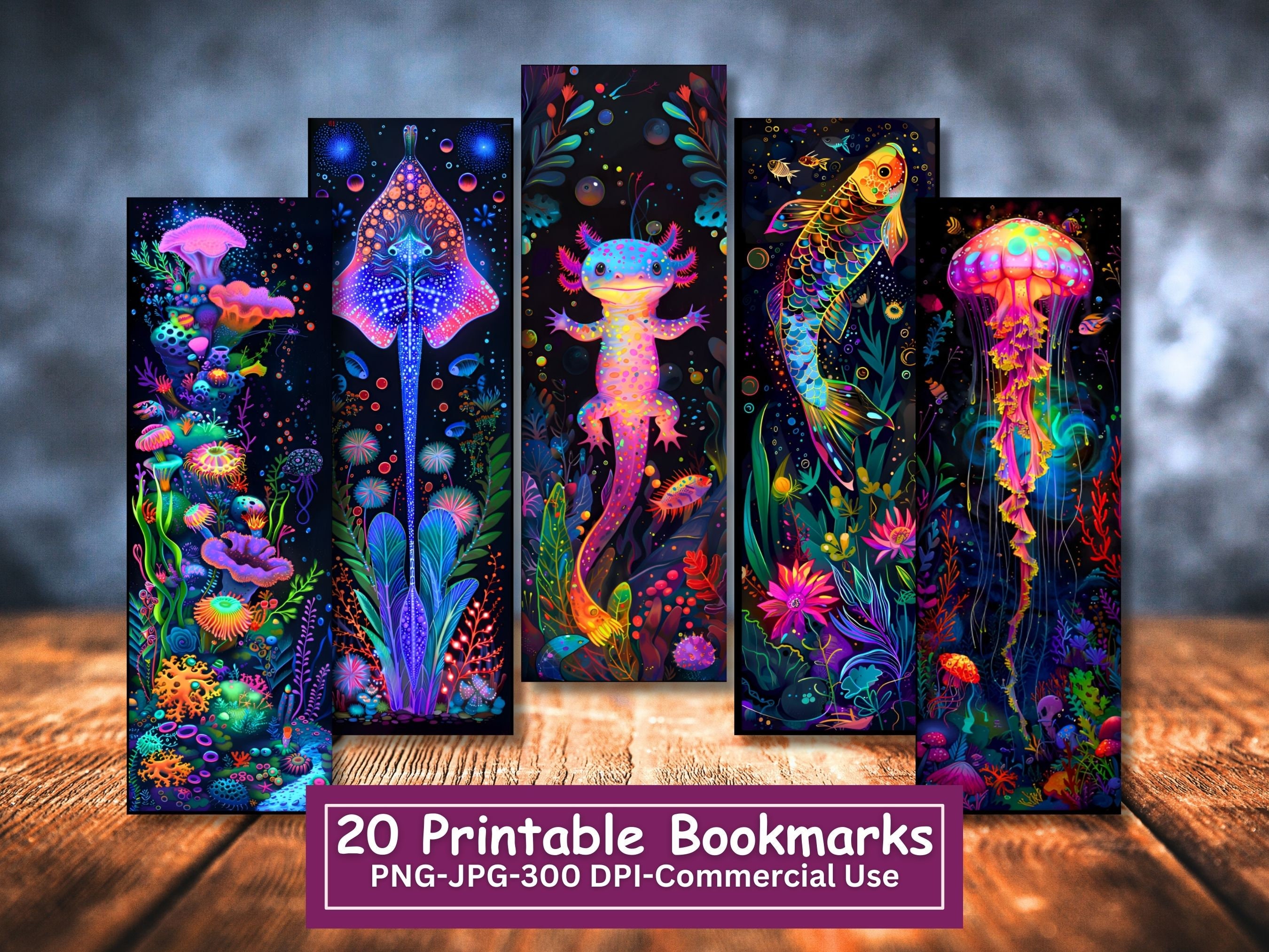 Neon Sea Creatures Bookmark Bundle: Fantasy Art, Glowing Fish (digital ...