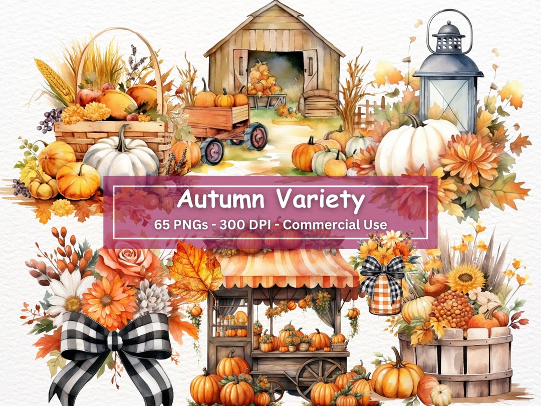 Autumn Variety Clipart Bundle, 65 PNG Set, Rustic Fall Cozy Graphics ...